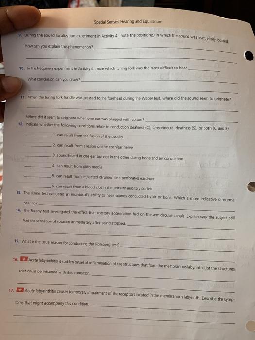Special Senses: Hearing and Equilibrium 9. During the | Chegg.com