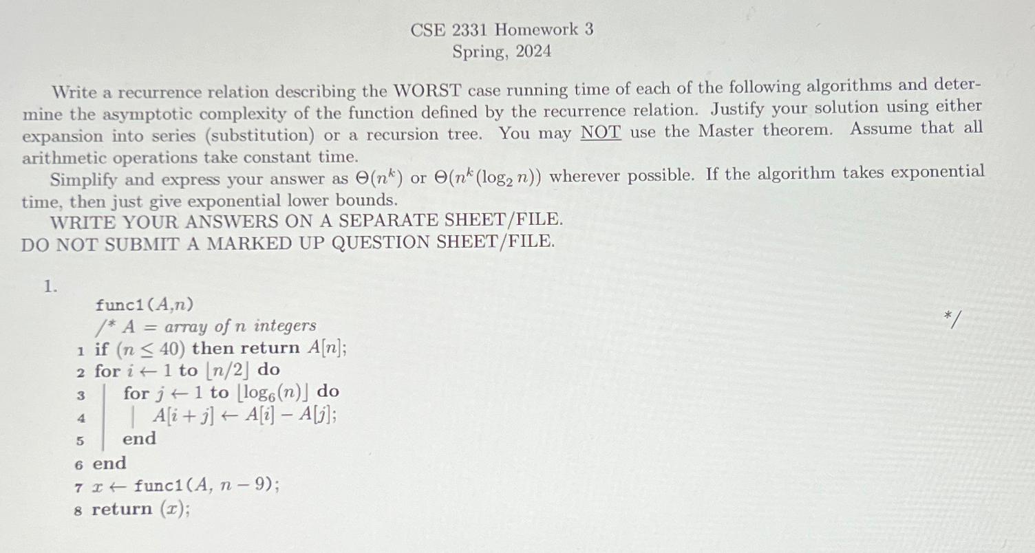 Solved CSE 2331 ﻿Homework 3Spring, 2024Write a recurrence | Chegg.com