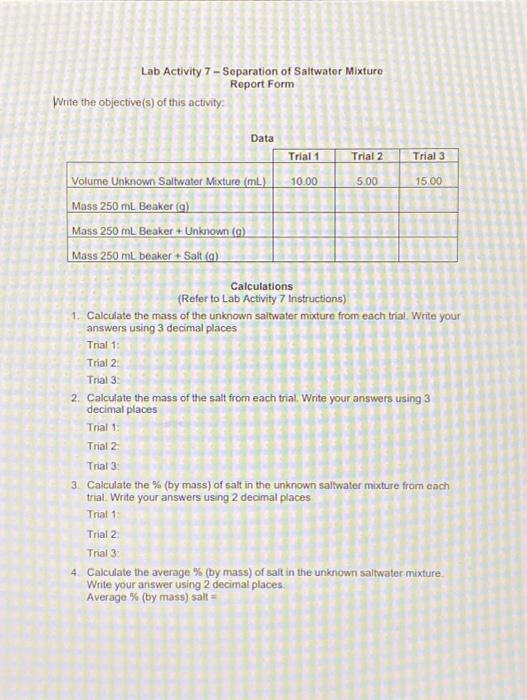 Lab Activity 7 - Separation of Saltwater Mixture | Chegg.com
