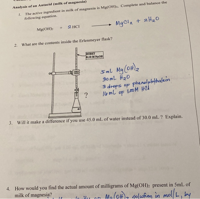Solved Analysis of an Antacid (milk of magnesia) 1. The | Chegg.com