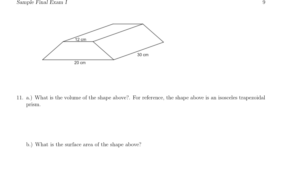 Solved Sample Final Exam I911. ﻿a.) ﻿What is the volume of | Chegg.com