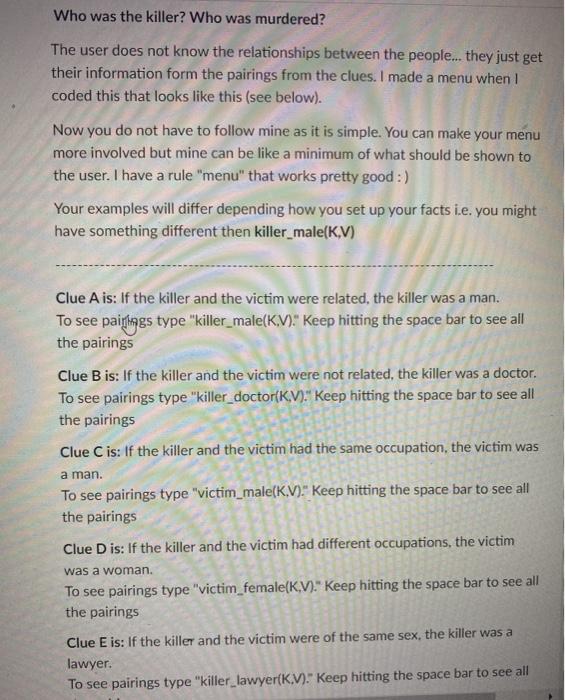 Murder Mystery Assignment Write a Prolog program that | Chegg.com