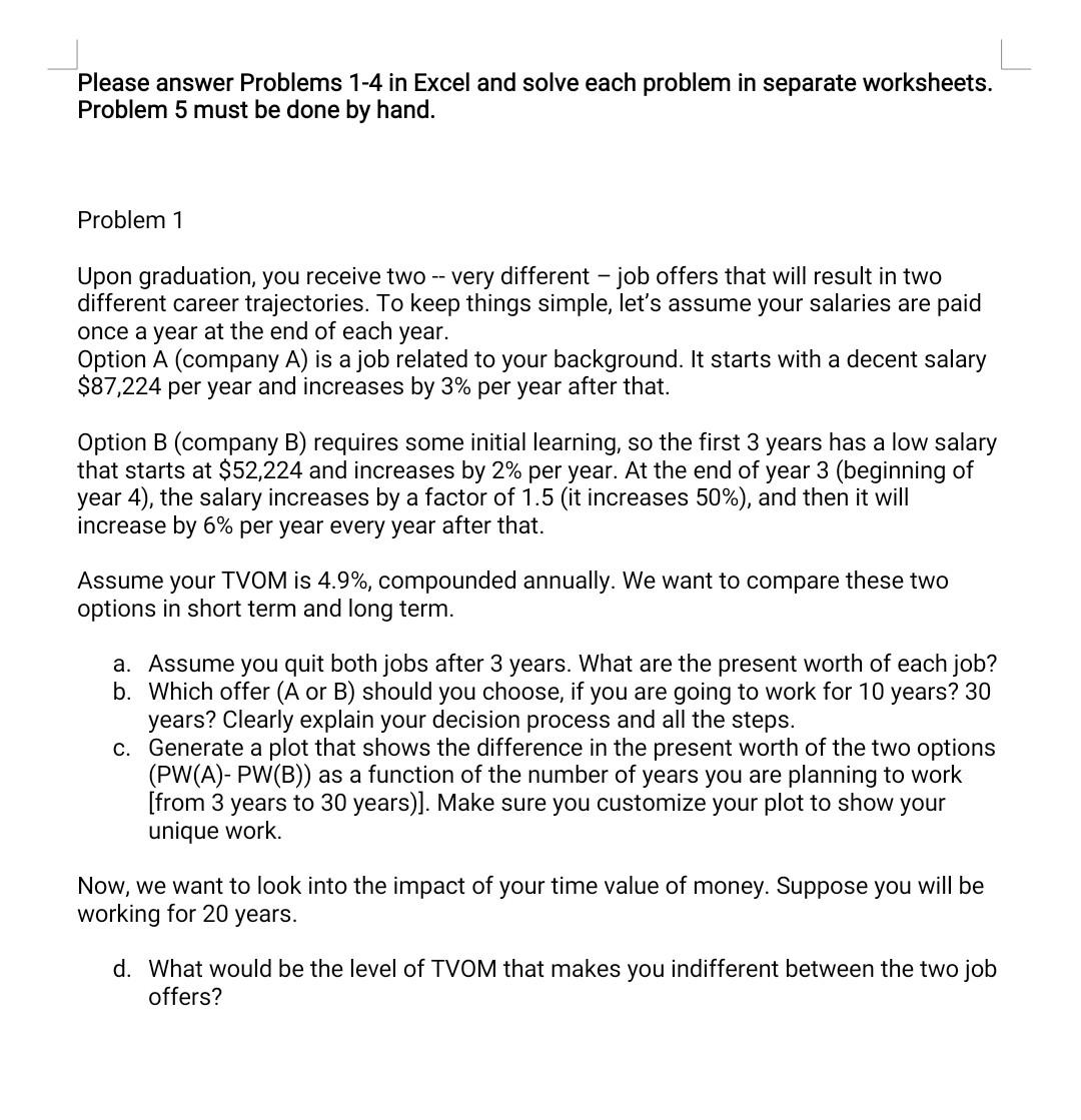 Please answer Problems 1-4 in Excel and solve each | Chegg.com