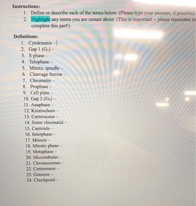 Solved Instructions: 1. Define or describe each of the terms | Chegg.com Solved Instructions: 1. Define or describe each of the terms | Chegg.com