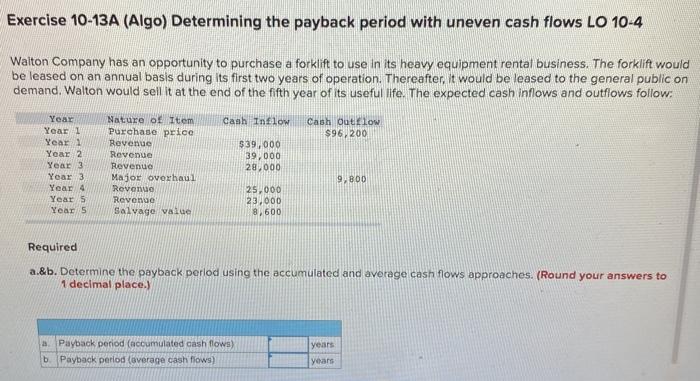 Solved Exercise 10-13A (Algo) Determining the payback period | Chegg.com