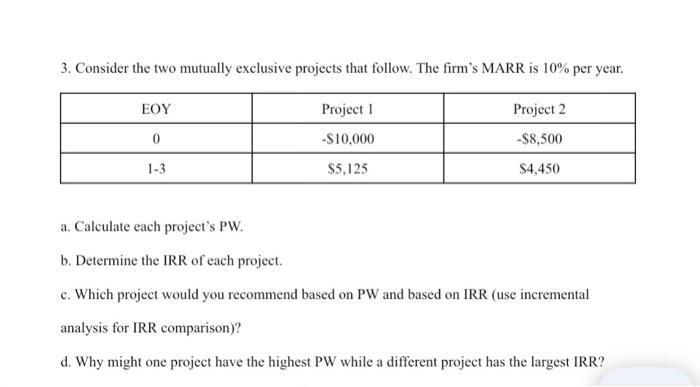 Solved 3. Consider the two mutually exclusive projects that | Chegg.com