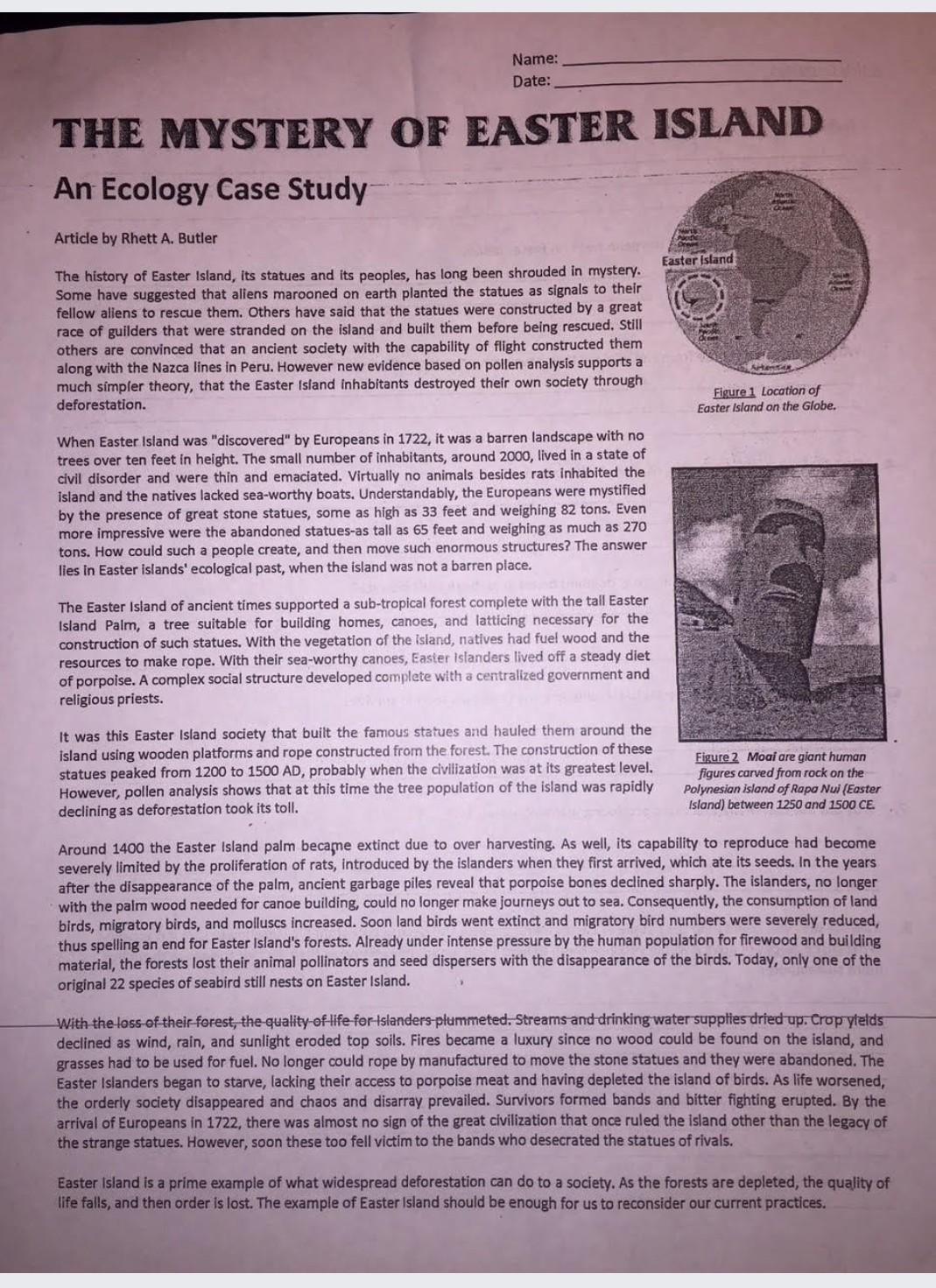 Solved Name: Date: THE MYSTERY OF EASTER ISLAND An Ecology | Chegg.com