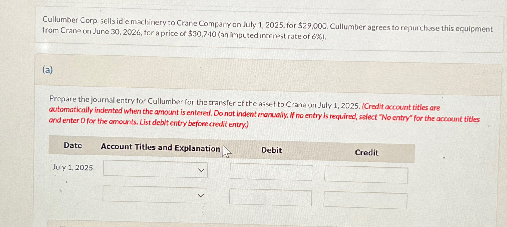 Solved Cullumber Corp. sells idle machinery to Crane Company | Chegg.com