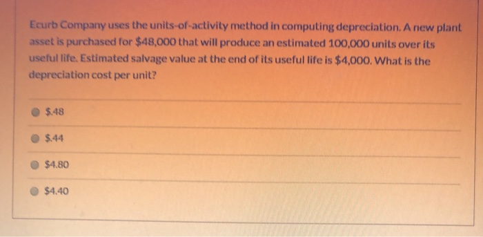 Solved Ecurb Company uses the units of activity method in | Chegg.com