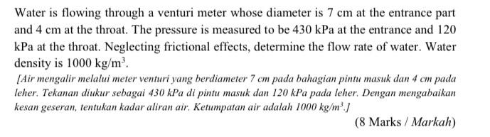 Solved Water is flowing through a venturi meter whose | Chegg.com