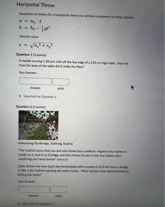 Solved Equations of motion for a horizontal throw (no | Chegg.com