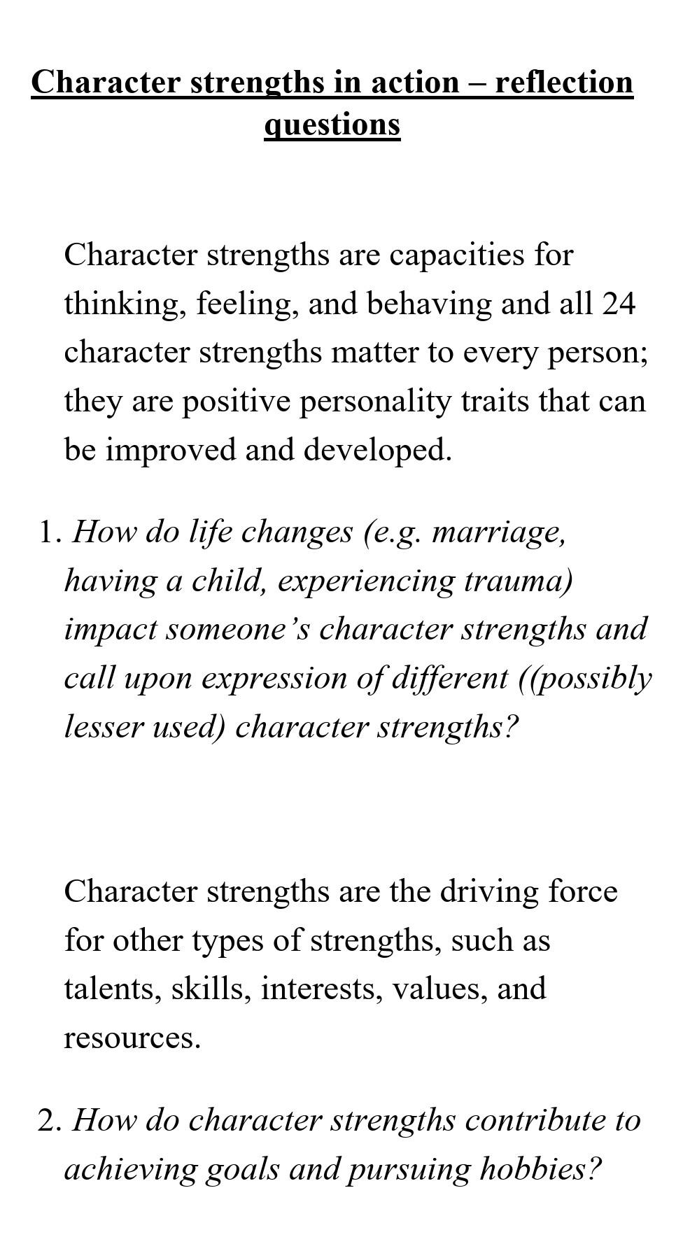 Solved Character strengths in action - reflection questions | Chegg.com