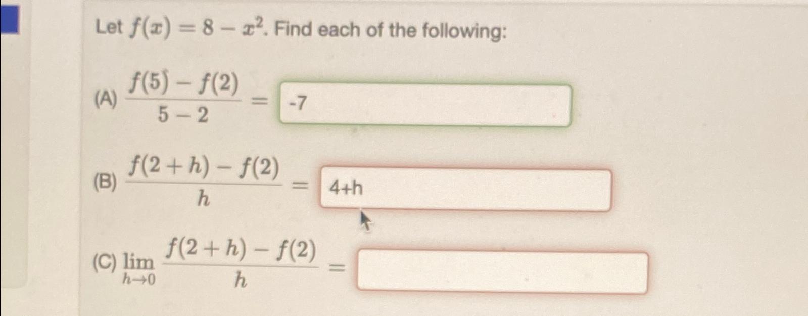 Solved Let f(x)=8-x2. ﻿Find each of the | Chegg.com