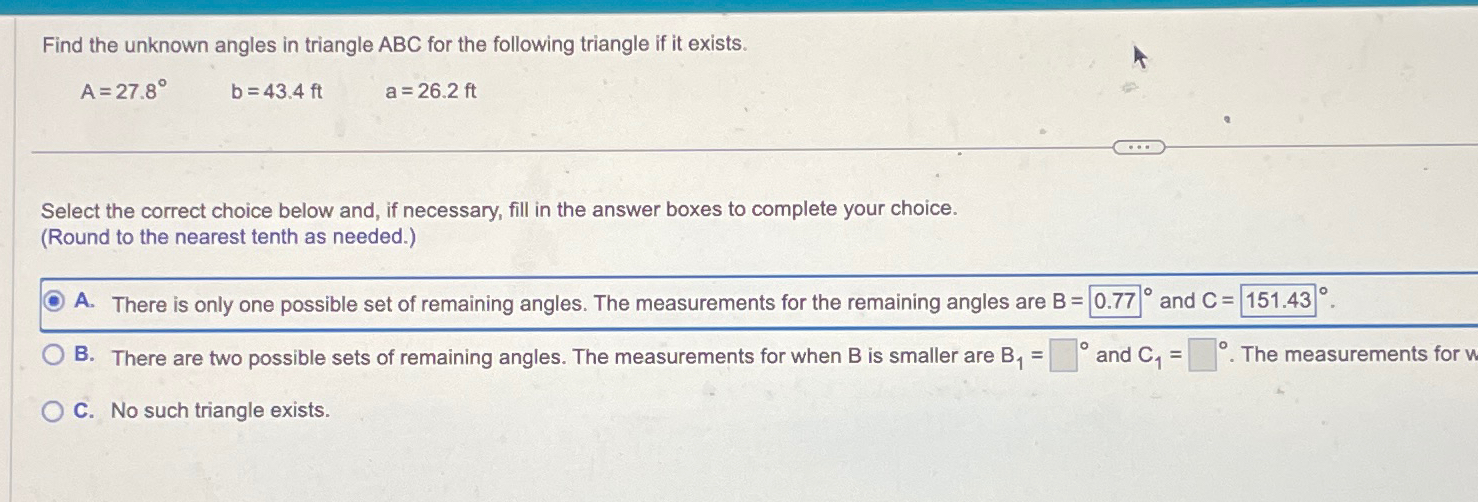 Solved Find the unknown angles in triangle ABC for the | Chegg.com