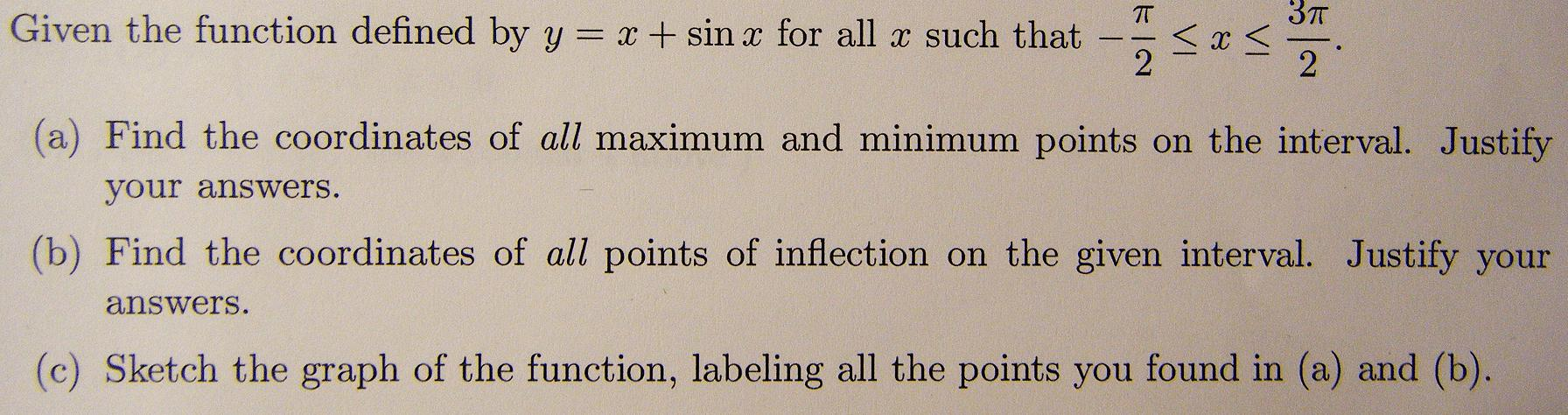 Solved Given the function defined by y = x + sinx for all x | Chegg.com