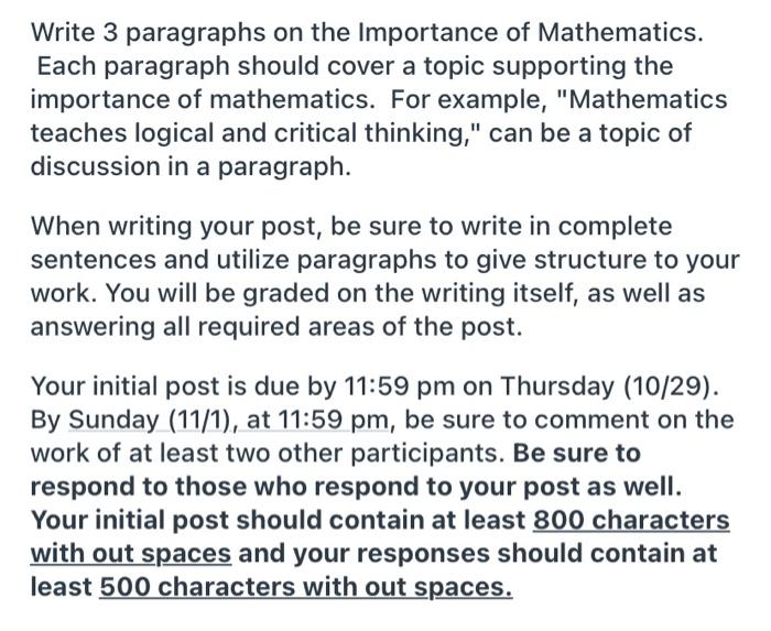Solved Write 3 paragraphs on the Importance of Mathematics. | Chegg.com