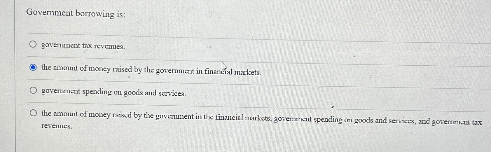 Solved Government borrowing is:government tax revenues.the | Chegg.com