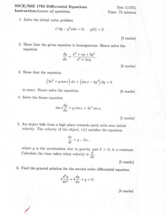 Solved SSCE/SSE 1793 Differential Equations Test 1(15%) | Chegg.com