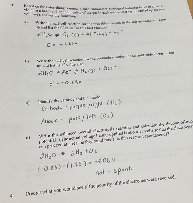 Based on the color changes noted in each eudiometer, | Chegg.com