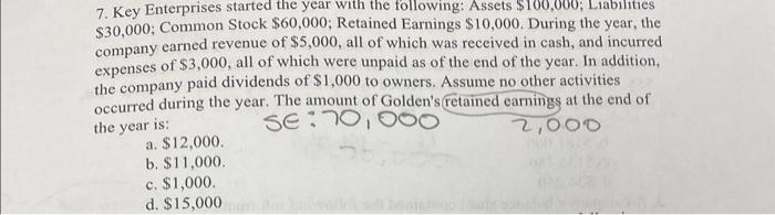 Solved 7. Key Enterprises started the year with the | Chegg.com