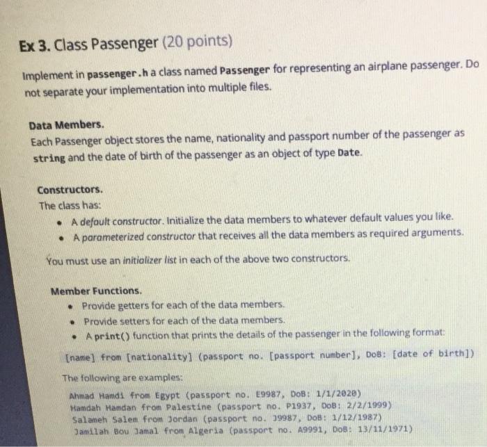 Solved Ex 3. Class Passenger (20 points) Implement in | Chegg.com