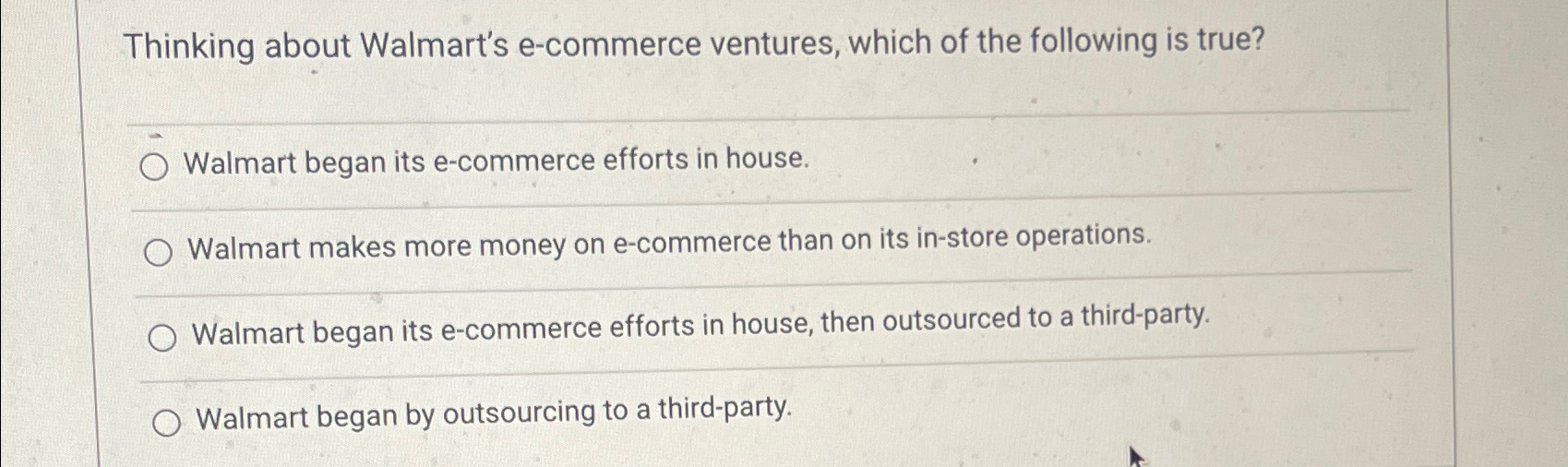 Solved Thinking about Walmart's e-commerce ventures, which | Chegg.com