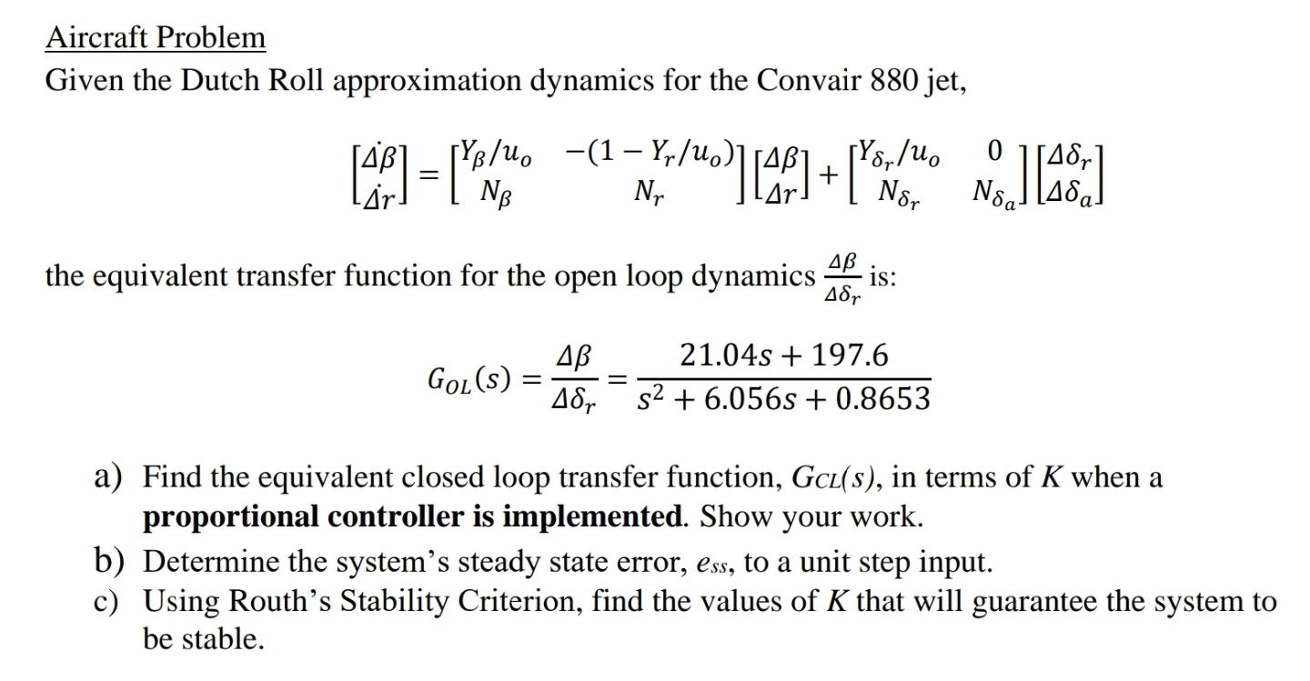 Solved Aircraft ProblemGiven the Dutch Roll approximation | Chegg.com