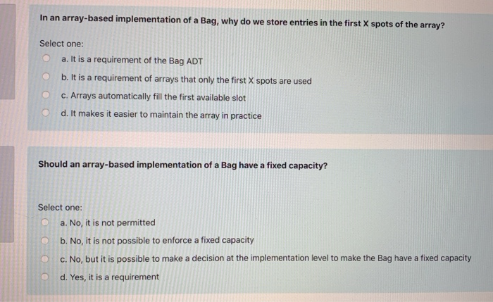 Solved In an array-based implementation of a Bag, why do we | Chegg.com