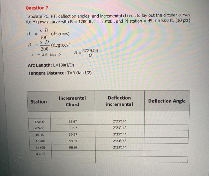 Solved Question 7 Tabulate PC, PT, deflection angles, and | Chegg.com