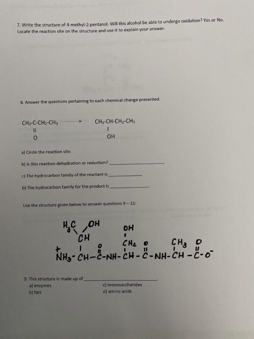 Solved 7. Write the structure of 4 methyl-2-pentanol. Will | Chegg.com