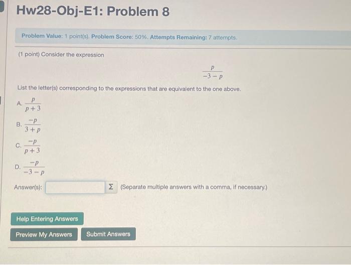 Solved (1 point) Consider the expression −3−pp List the | Chegg.com
