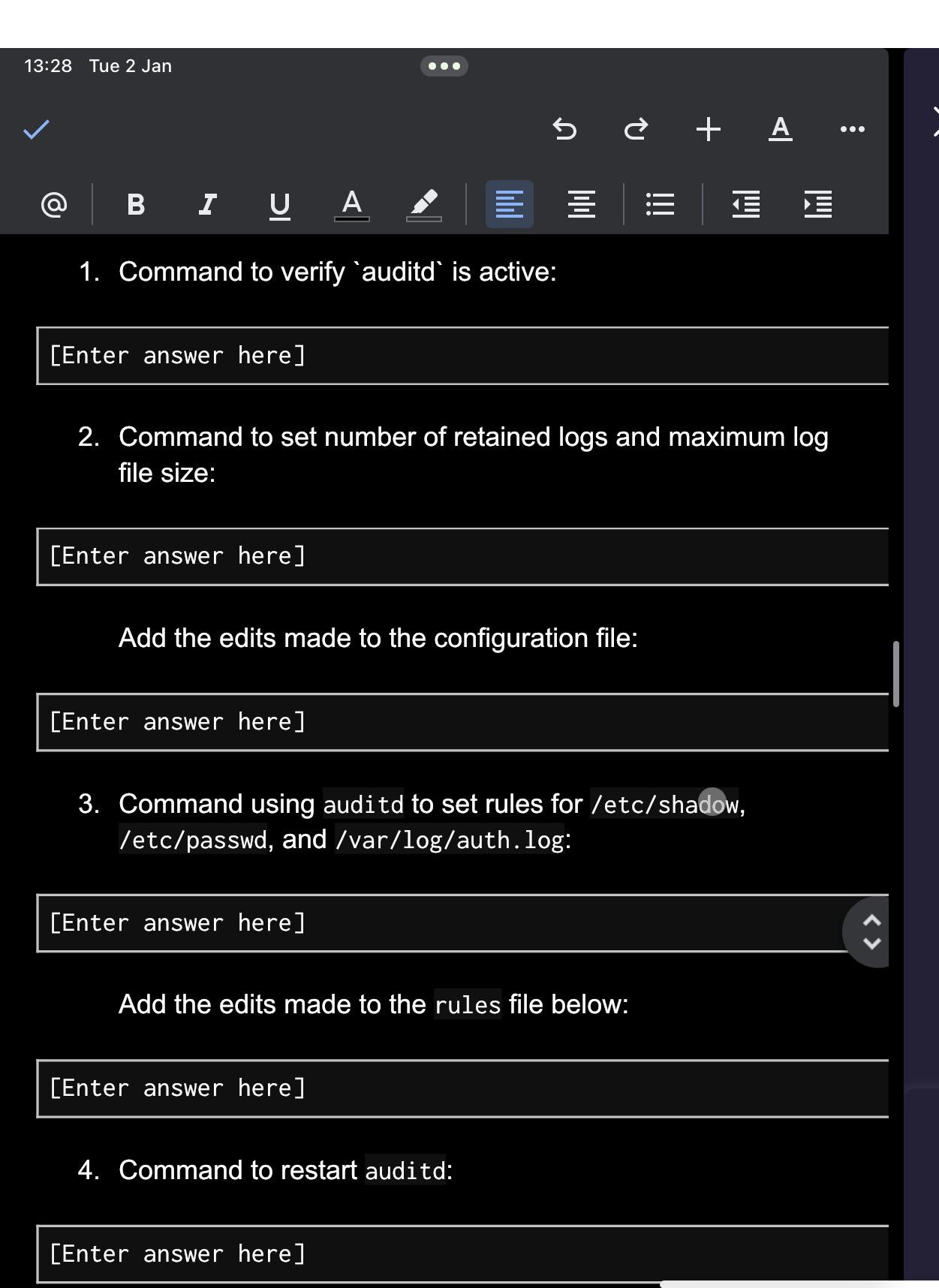 Solved Command to verify 'auditd' is active:[Enter answer | Chegg.com