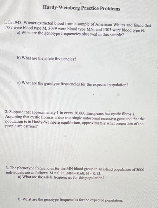 Solved Hardy-Weinberg Practice Problems 1. In 1943, Wiener | Chegg.com