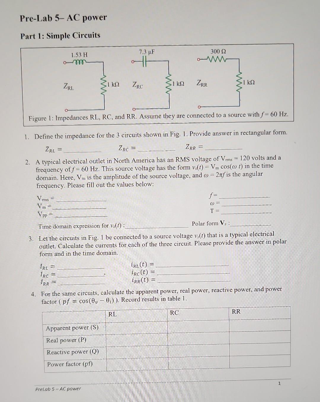 Solved Pre-Lab 5-AC power Part 1: Simple Circuits Figure 1: | Chegg.com