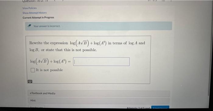 Solved Rewrite the expression log(A √B) + log(A^8) in terms | Chegg.com