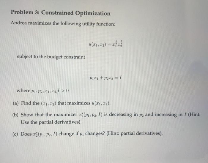 Solved Problem 3: Constrained Optimization Andrea maximizes | Chegg.com