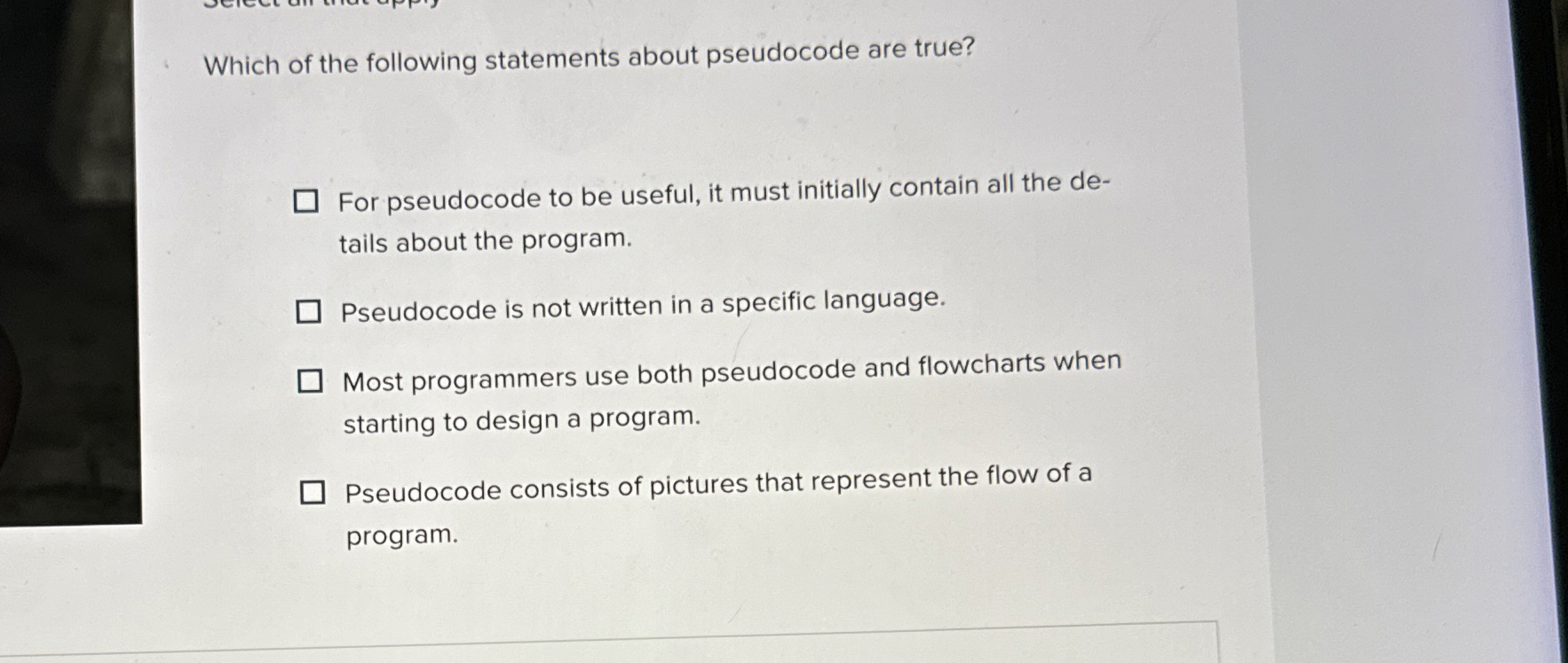 Solved Which of the following statements about pseudocode | Chegg.com