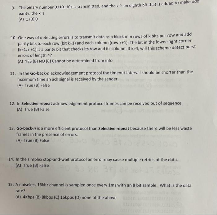 Solved 9. The binary number 0110110x is transmitted, and the | Chegg.com
