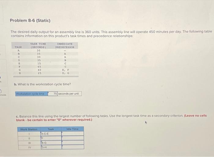Solved Problem 8-6 (Static) The desired daily output for an | Chegg.com