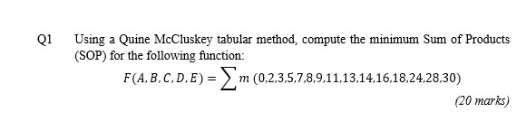 Solved 01 Using a Quine McCluskey tabular method, compute | Chegg.com