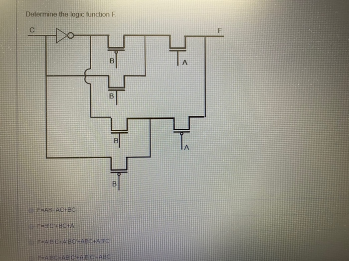 Solved Determine the logic function F. FEAB'C'+B+C FEABC F = | Chegg.com