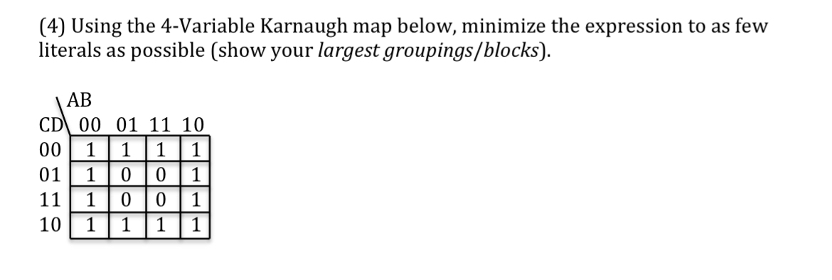 Solved (4) ﻿Using the 4-Variable Karnaugh map below, | Chegg.com