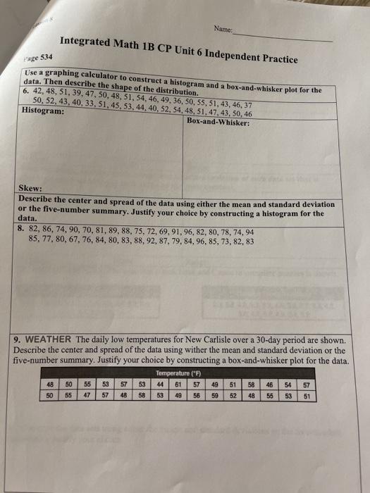 Solved Name: Integrated Math 1B CP Unit 6 Independent | Chegg.com