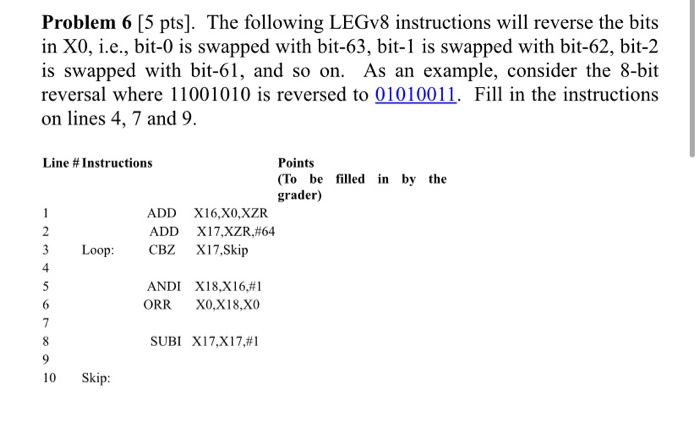 Solved Problem 6 [5 pts). The following LEGv8 instructions | Chegg.com