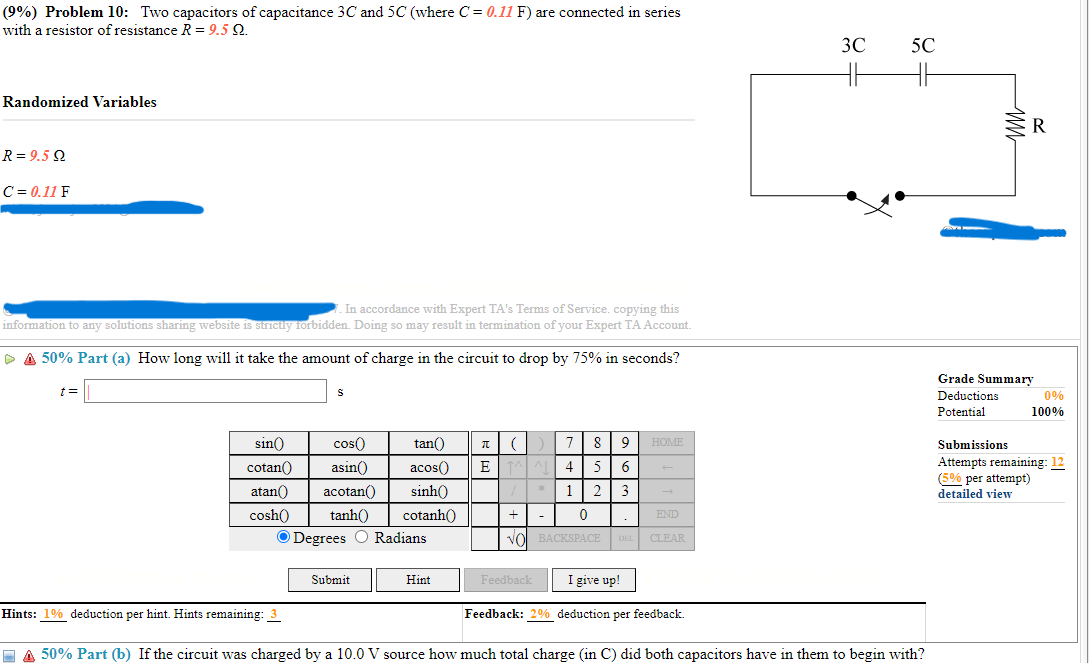 Solved (9%) ﻿Problem 10: Two capacitors of capacitance 3C | Chegg.com