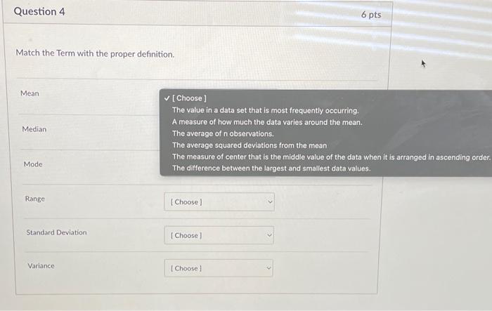 Solved Match the Term with the proper definition. Mean | Chegg.com