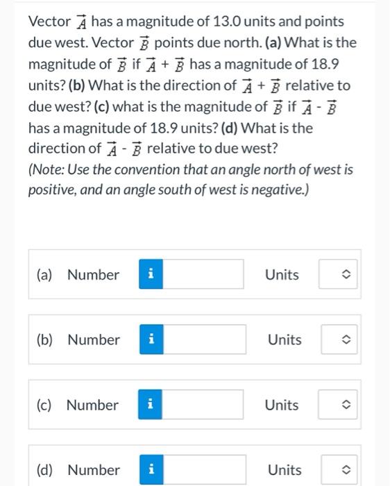 Solved Vector has a magnitude of 13.0 units and points due | Chegg.com