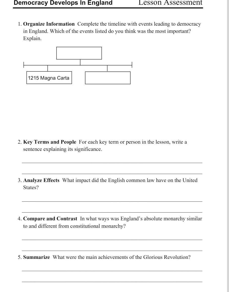 Democracy Develops In England Lesson Assessment 1. | Chegg.com