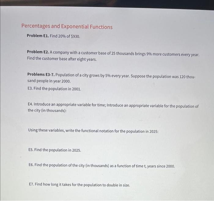 Solved Percentages and Exponential Functions Problem E1. | Chegg.com