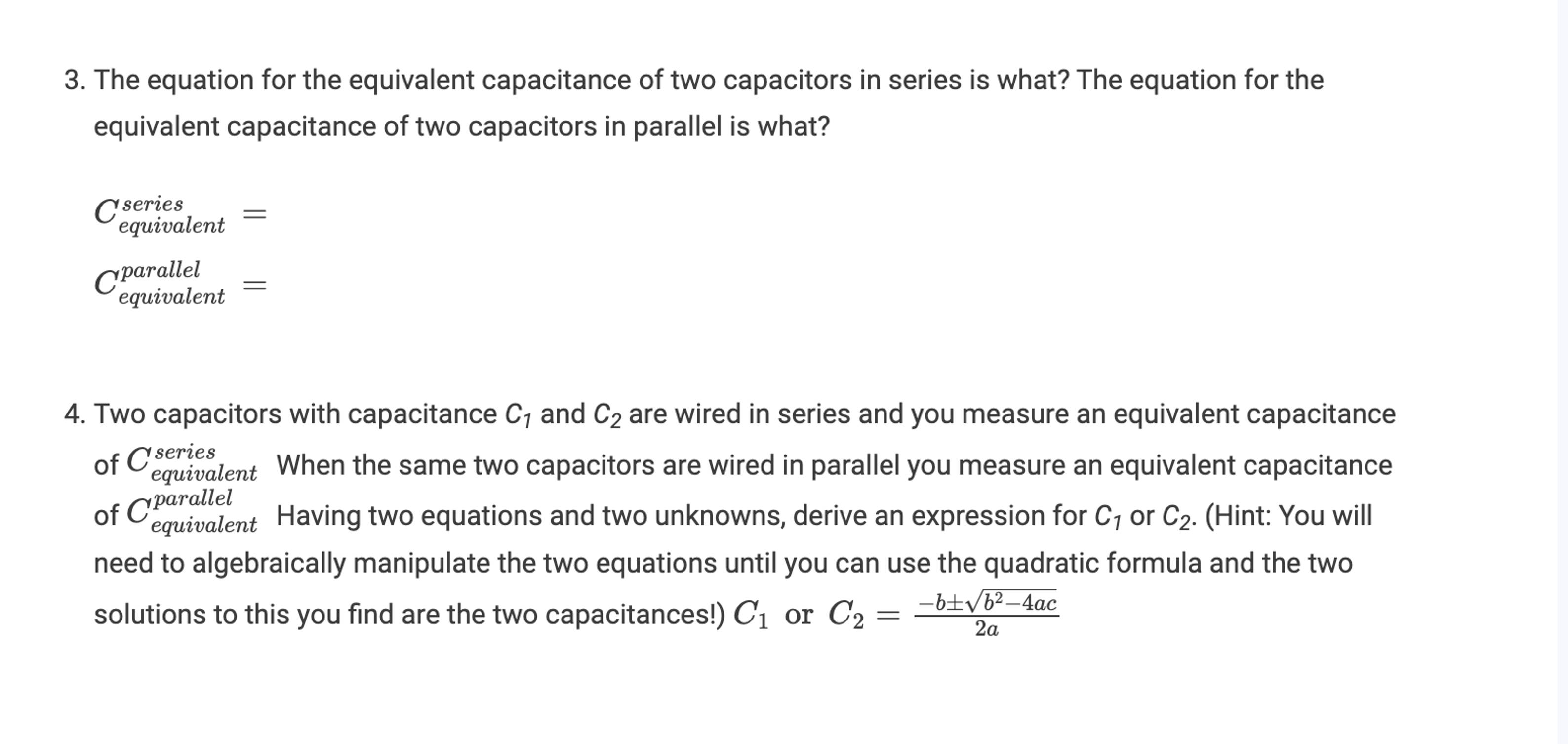 Solved The equation for the equivalent capacitance of two | Chegg.com